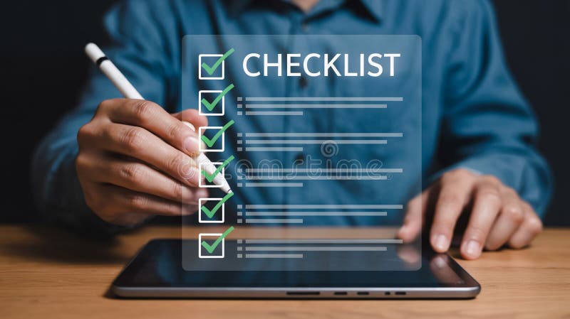Completing Digital Checklist on Tablet for Task Management and Productivity Enhancement Workflow ...