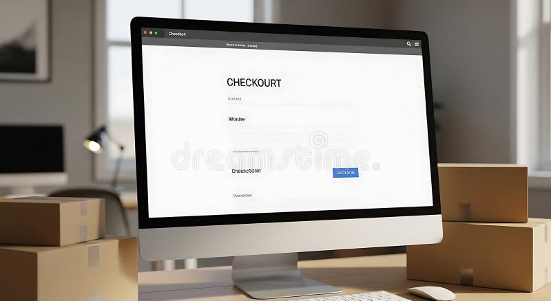 Completing Online Checkout on Computer with Packages in Modern Office Stock Illustration ...