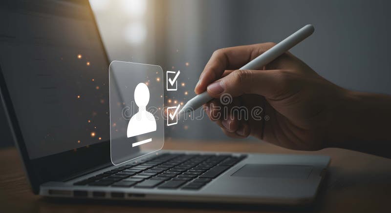 Completing Online Profile with Stylus on Laptop Screen Stock ...