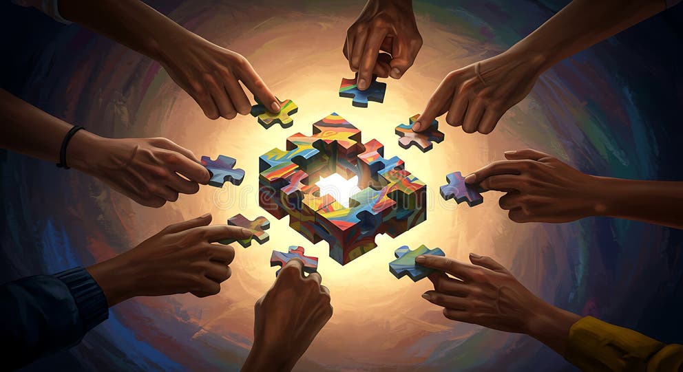 Completing Puzzle Structure with Diverse Hands Showing Teamwork and ...