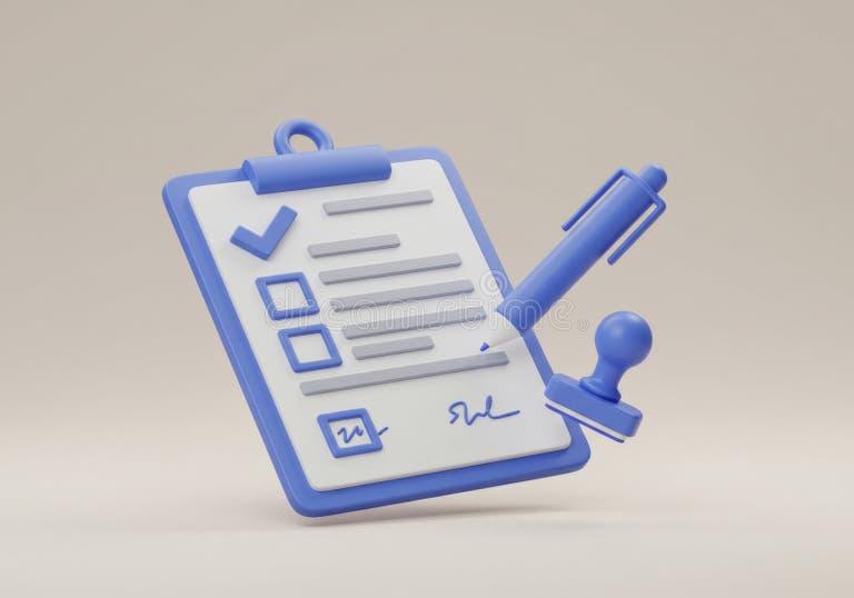 Completing Task on Clipboard with Pen and Stamp Illustration Stock ...