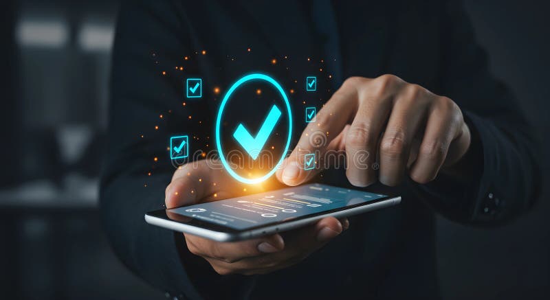 Completing Task on Phone with Tick Marks Displaying Verification and ...