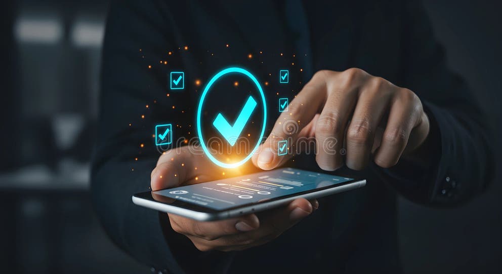 Completing Task on Phone with Tick Marks Displaying Verification and ...