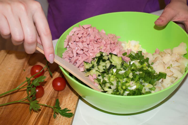 Completion of Preparation of Salad Vegetables. Mixing of Products ...