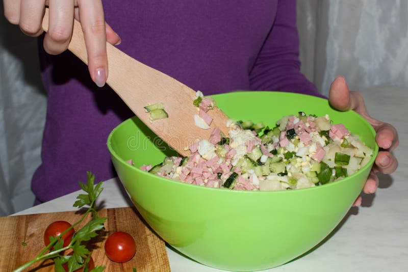 Completion of Preparation of Salad Vegetables. Mixing of Products ...