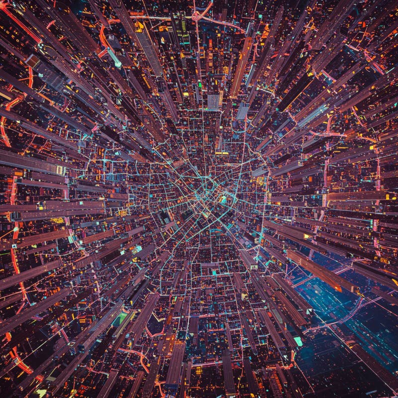 A Complex, Abstract Digital Artwork Depicting a Futuristic Cityscape ...