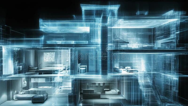 Digital Blueprint Showing Modern House Interior and Wireframe Structure ...