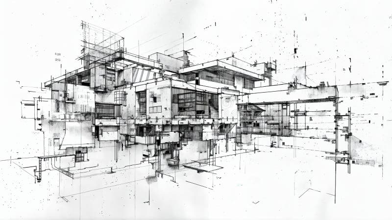 Complex Architectural Ink Drawing of a Modern Building Stock ...