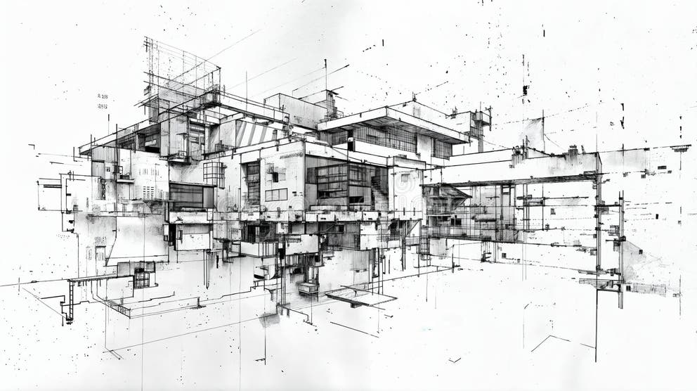 Complex Architectural Ink Drawing of a Modern Building Stock ...