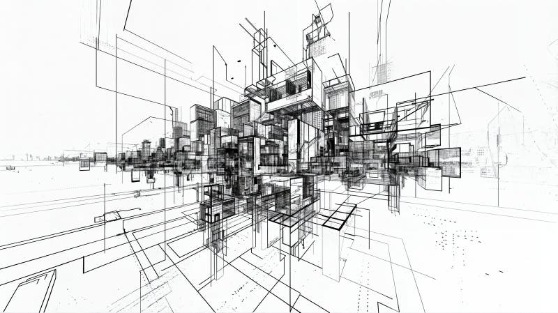 Complex Architectural Ink Drawing of a Modern Building Stock ...