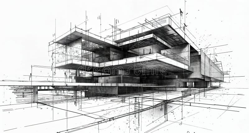 Complex Architectural Ink Drawing of a Modern Building Stock ...