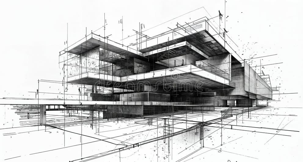 Complex Architectural Ink Drawing of a Modern Building Stock ...