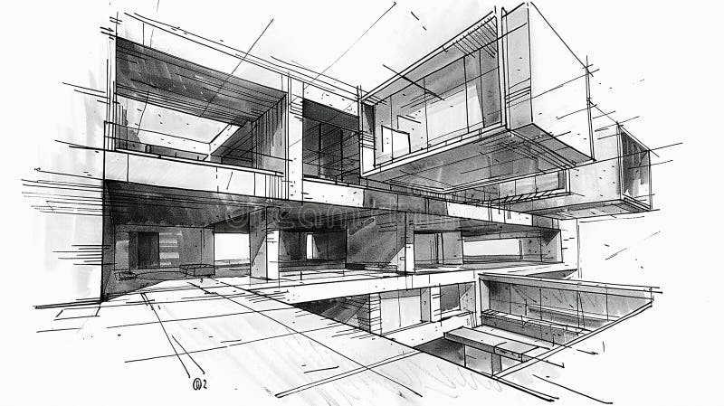 Complex Architectural Ink Drawing of a Modern Building Stock ...