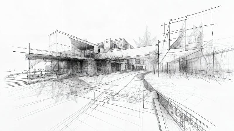 Complex Architectural Ink Drawing of a Modern Building Stock ...