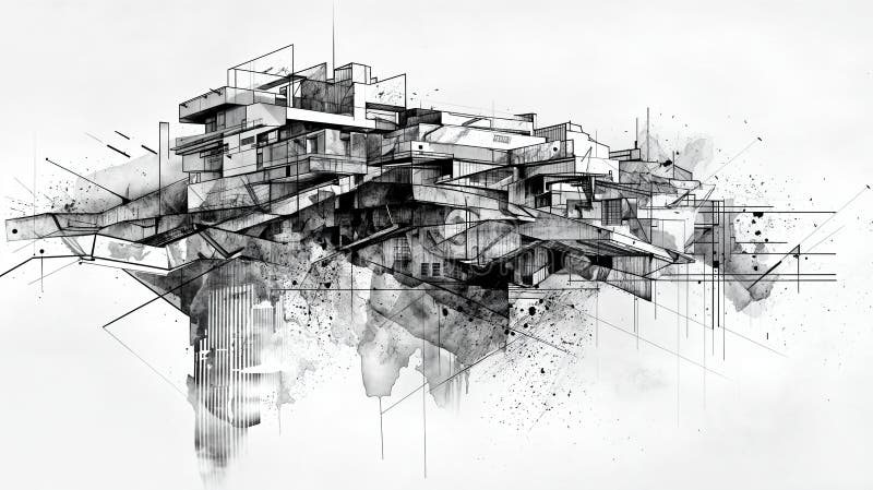 Complex Architectural Ink Drawing of a Modern Building Stock ...