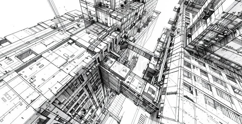 Complex Architectural Ink Drawing of a Modern Building Stock ...