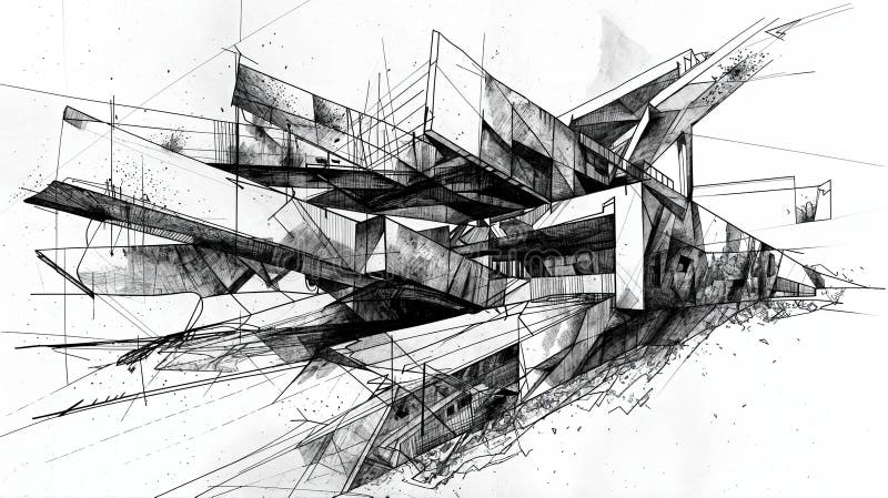 Complex Architectural Ink Drawing of a Modern Building Stock ...