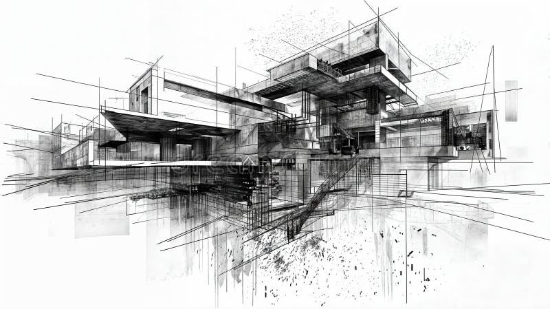 Complex Architectural Ink Drawing of a Modern Building Stock ...