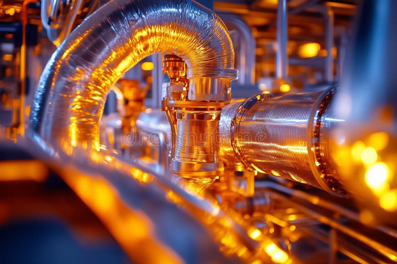 A Complex Arrangement of Shiny Pipes Glows with Warm Lighting Inside an ...