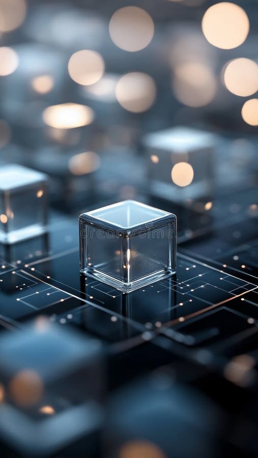 Complex Arrangement of Translucent Cubes on a Digital Matrix Background ...