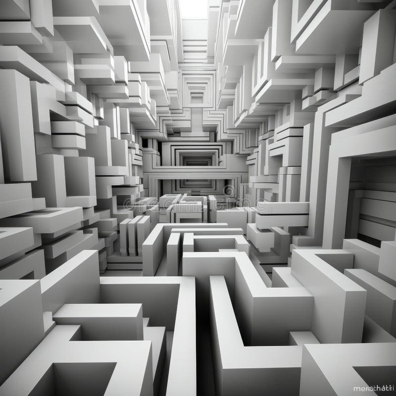 A Complex Arrangement of White Geometric Shapes Forms a Labyrinthine ...