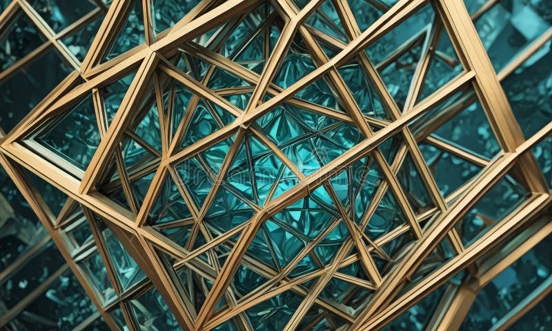 Complex Arrangement Wooden Beams in Diamond Pattern, with Blue-green ...