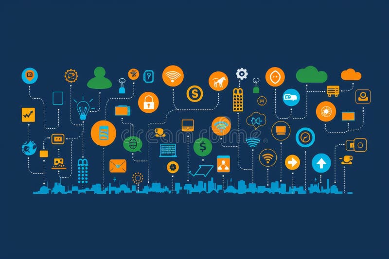 Innovative Global Network Of Interconnected Devices Using Various Technologies And Icons