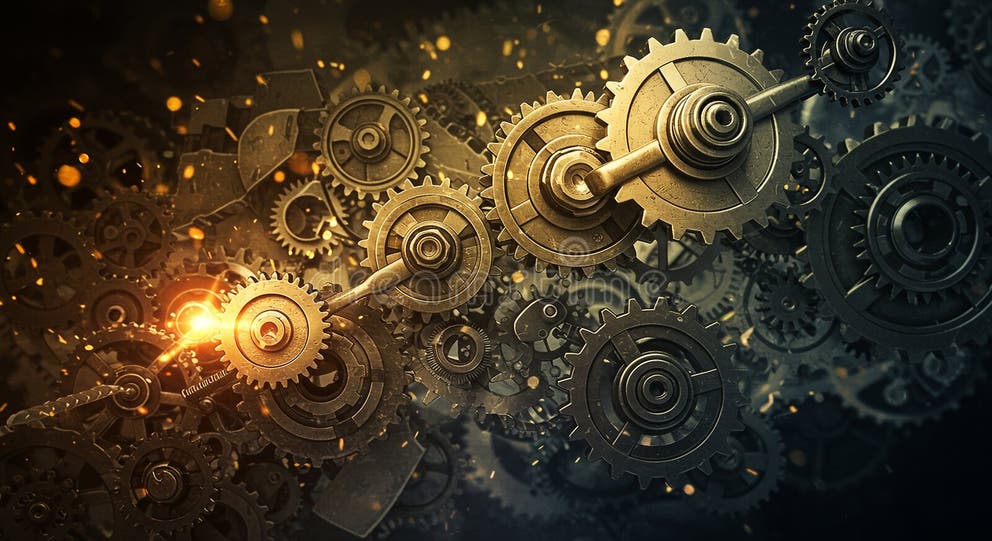 A Complex Array of Interlocking Gears and Cogs Dominates the Scene. the ...