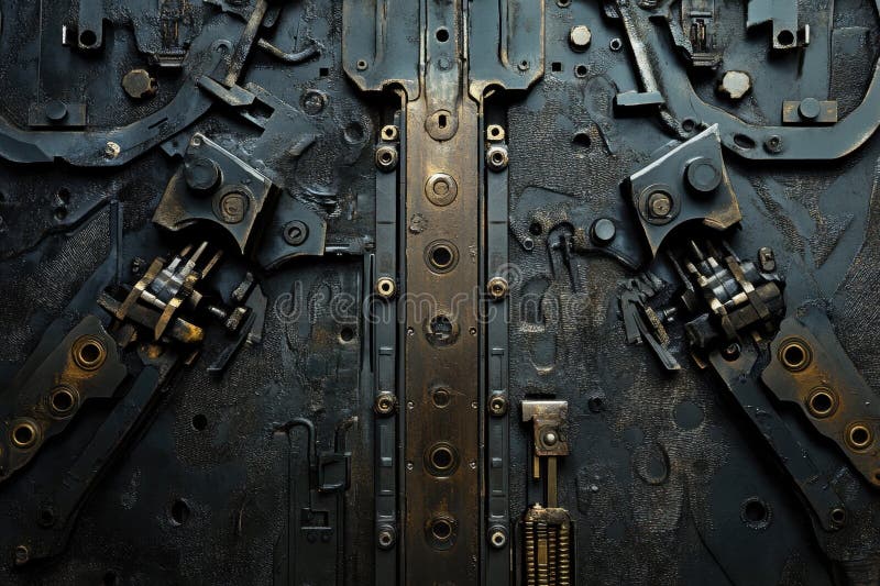 Mechanical Door with Intricate Mechanisms and a Dark Textured Surface ...