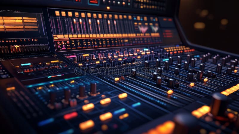Complex Audio Mixing Console with Vibrant Controls and Lights Stock ...