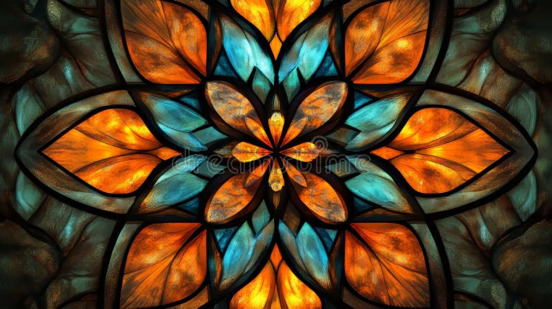 Complex Blue and Orange Geometric Stained Glass Mosaic Design Stock ...