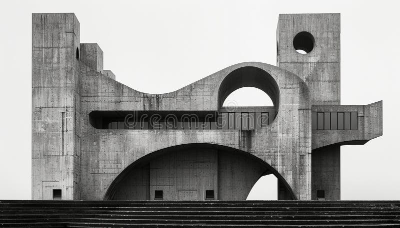 A Complex Brutalist Structure with Bold Geometric Shapes and Circular ...