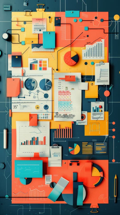 Complex Business Chart Display with Colorful Graphs and Data Sheets ...
