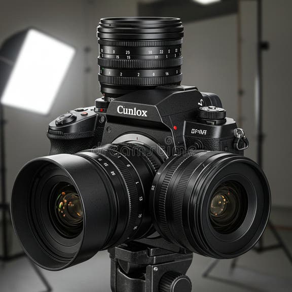 Complex Camera with Three Large Lenses Mounted on a Tripod. Each Lens ...