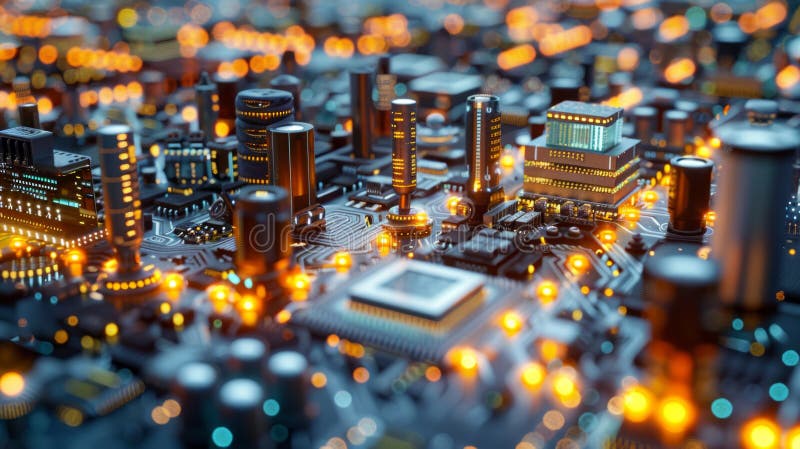 Complex Circuit Board Cityscape with Glowing Electronic Components ...