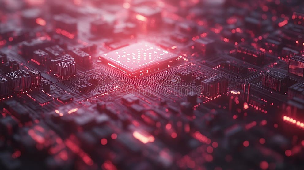 Complex Circuit Board with Glowing Central Chip Stock Illustration ...