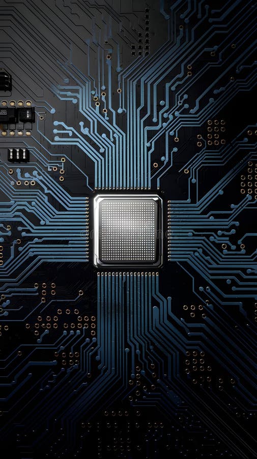 Complex Circuit Board with Metallic CPU and Intricate Blue Wire ...