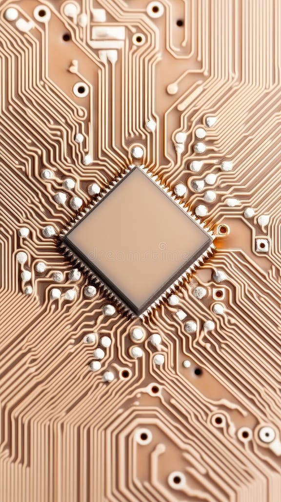 Complex Circuit Board Pattern. Central Chip. Brown Base with Silver ...