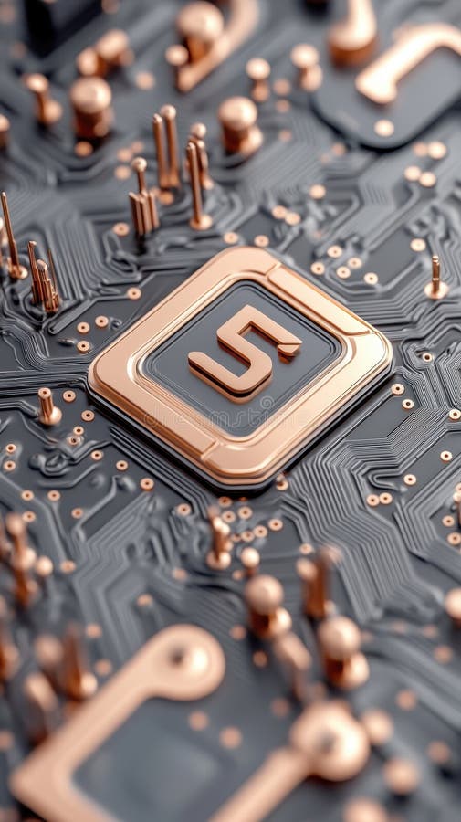 Complex Circuit Board Shows Golden Number Five. Intricate Patterns Surround Connection Points ...