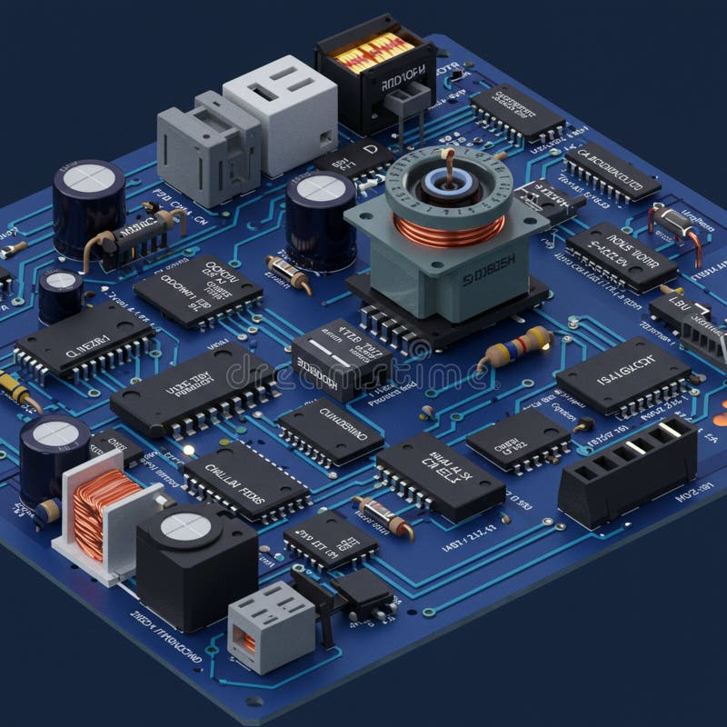 Complex Circuit Board with Various Electronic Components on a Blue Base ...