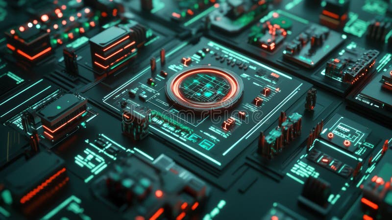 Futuristic Motherboard Glowing with Red and Green Lights, Showing ...
