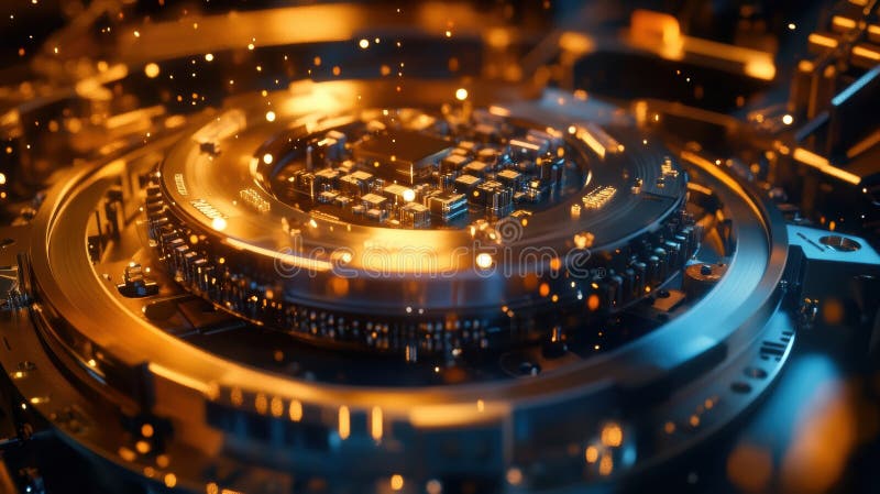 Futuristic Spinning Microchip Radiating Golden Light and Sparks Stock ...