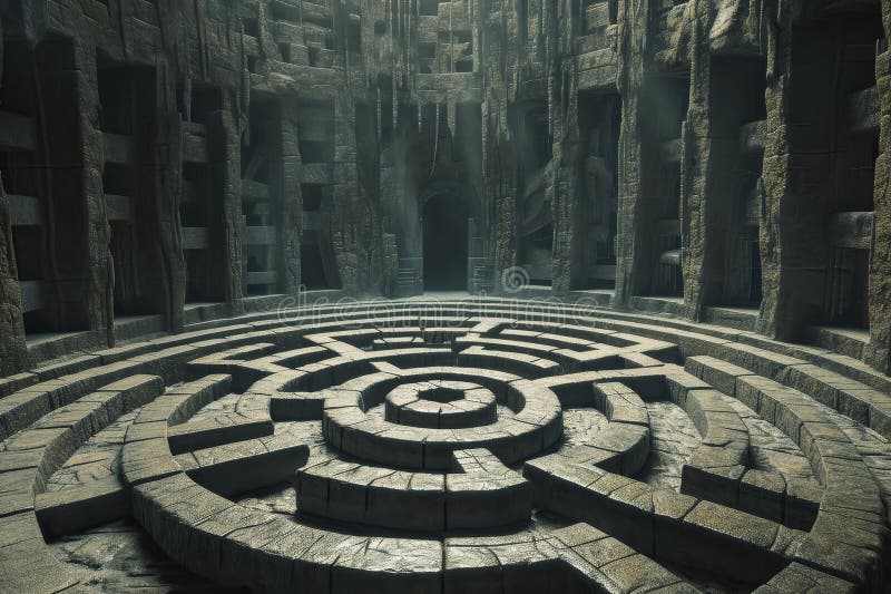 Complex Circular Labyrinth Made of Stone, Symbolizing Challenge and ...