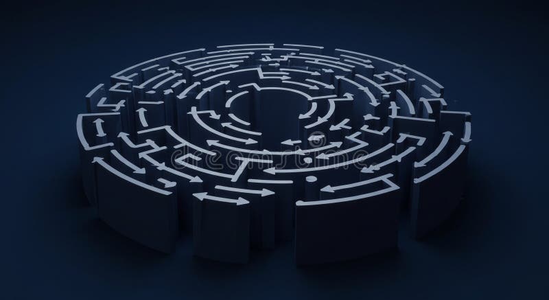 Complex Circular Maze with Arrows Indicating Pathways on Dark ...