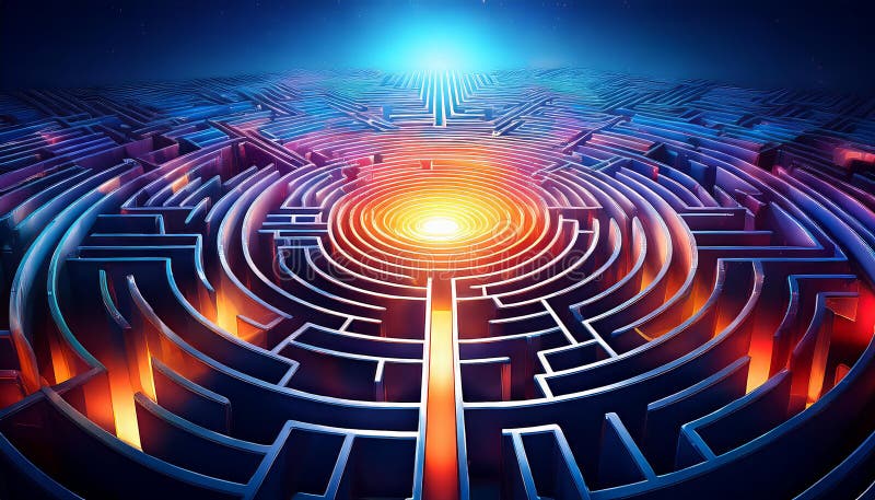 Complex Circular Maze Leading To Bright Light at Its Center Stock ...