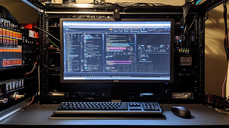 A Complex Computer System Displays Lines of Code on a Central Monitor with Keyboard and Mouse ...