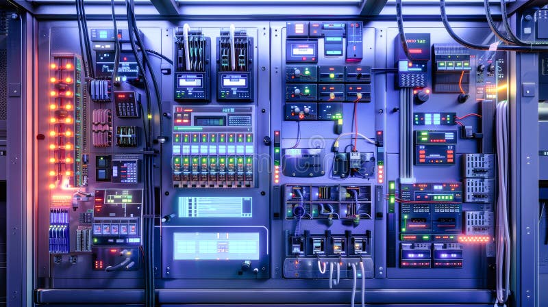 A Complex Control Cabinet Displays Vibrant Blue Backlighting, Featuring ...