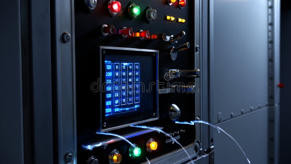 Complex Control Panel with Digital Display and Wires in a Dimly Lit ...