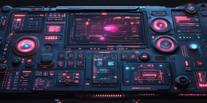 Complex Control Panel Featuring Vibrant Neon Lights and Intricate ...