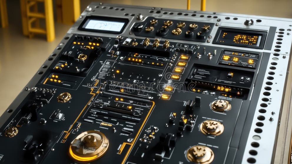 Complex Control Panel with Illuminated Buttons and Switches in a ...